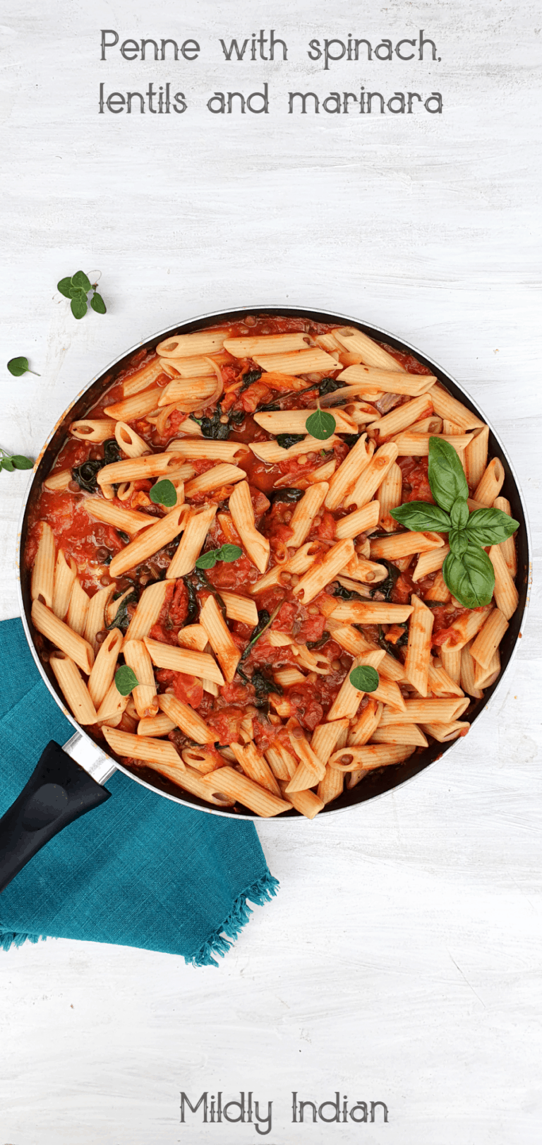 Penne with lentils, spinach and marinara sauce – Mildly Indian